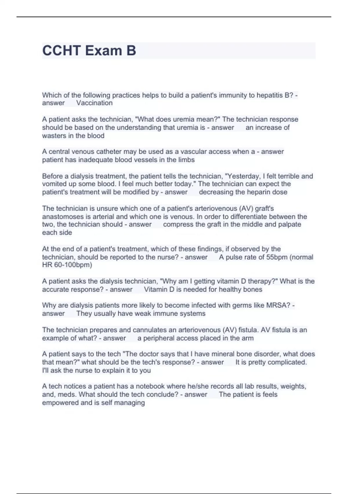 CCHT Exam B Questions and Answers 2024 - CCHT - Stuvia US