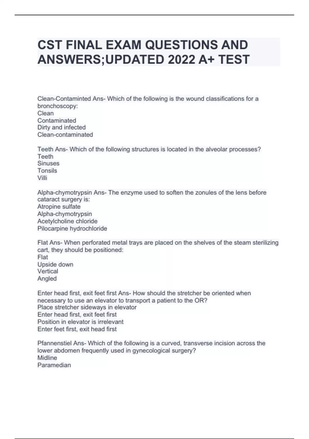 CST FINAL EXAM QUESTIONS AND ANSWERS 2024 COMPLETE - Nursing - Stuvia US