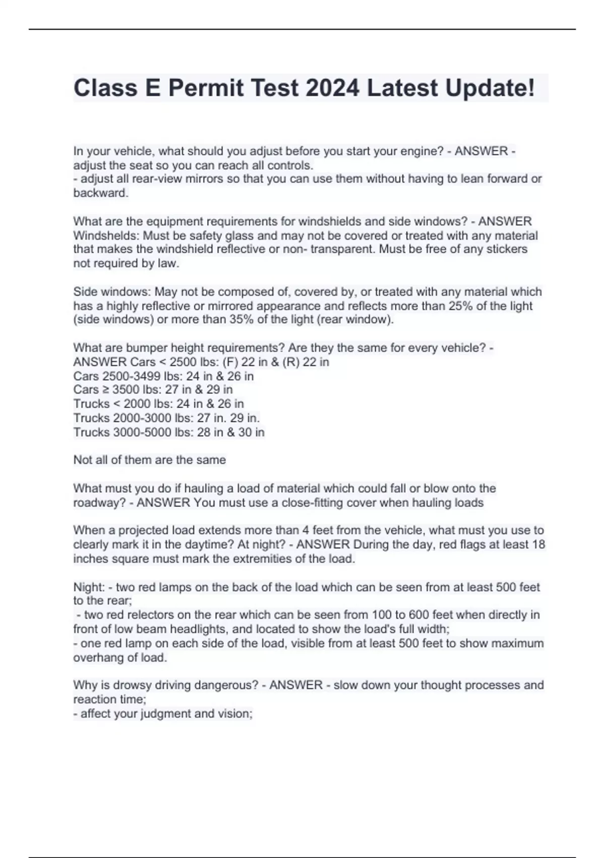 Class E Permit Test 2024 Latest Update! - Class E Permit - Stuvia US