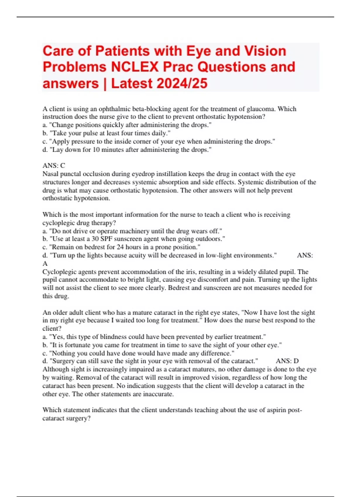 Care of Patients with Eye and Vision Problems NCLEX Prac Questions and ...