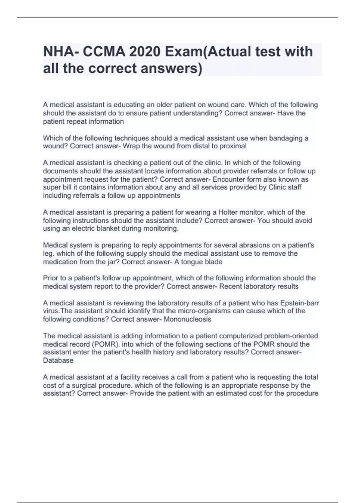 NHA- CCMA 2024 Exam(Actual test with all the correct answers) - Nursing ...