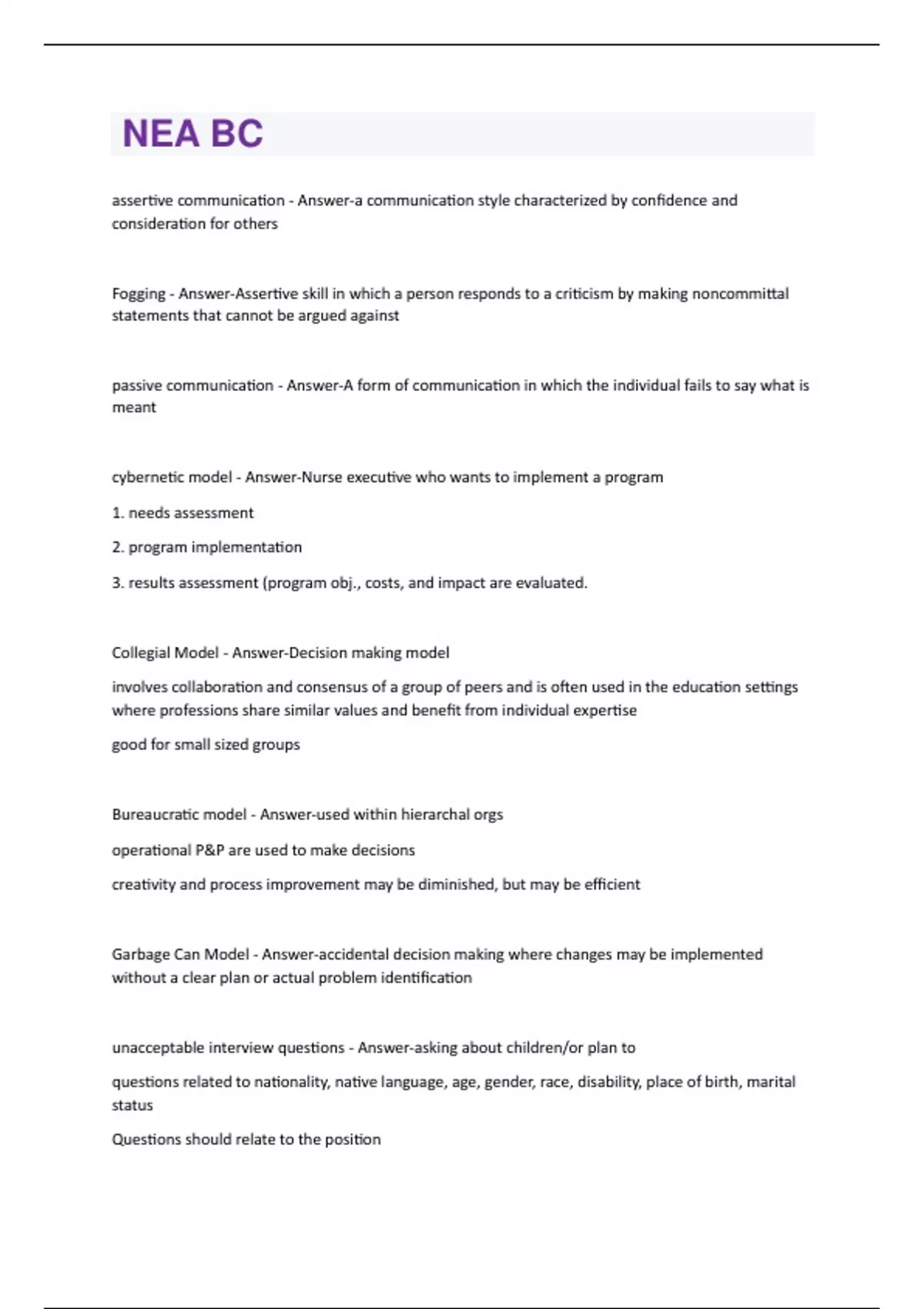 NEA BC Questions And Answers Rated A+ New Update Assured Satisfaction ...