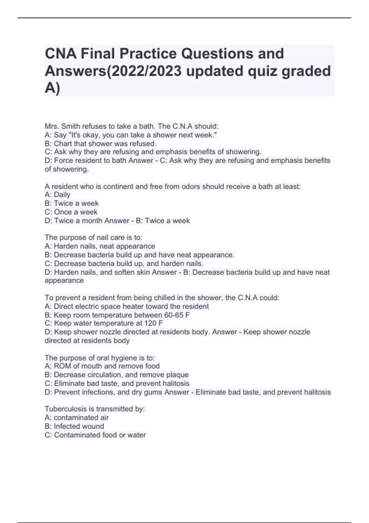 CNA Final Practice Questions and Answers 2024/2025 with complete solution - Nursing education ...