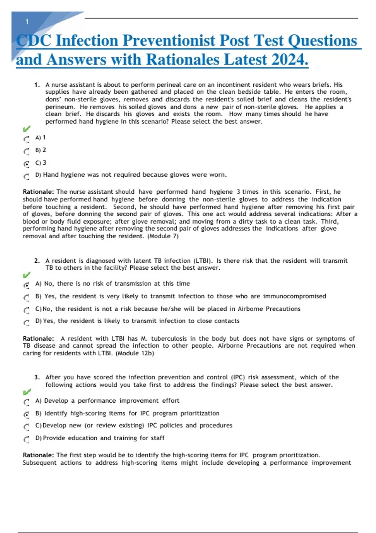 CDC Infection Preventionist Post Test Questions and Answers with ...