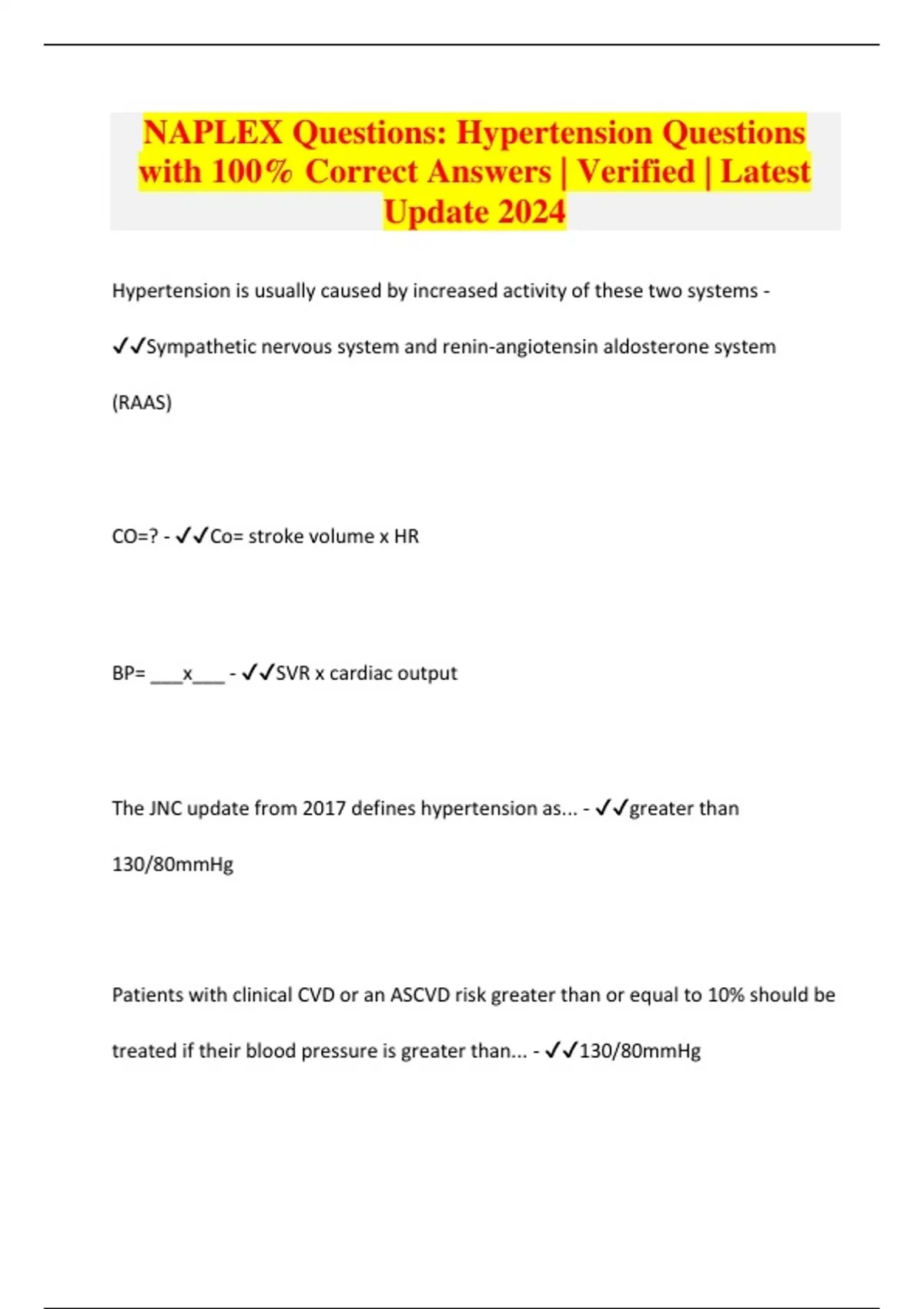 NAPLEX Questions: Hypertension Questions with 100% Correct Answers ...
