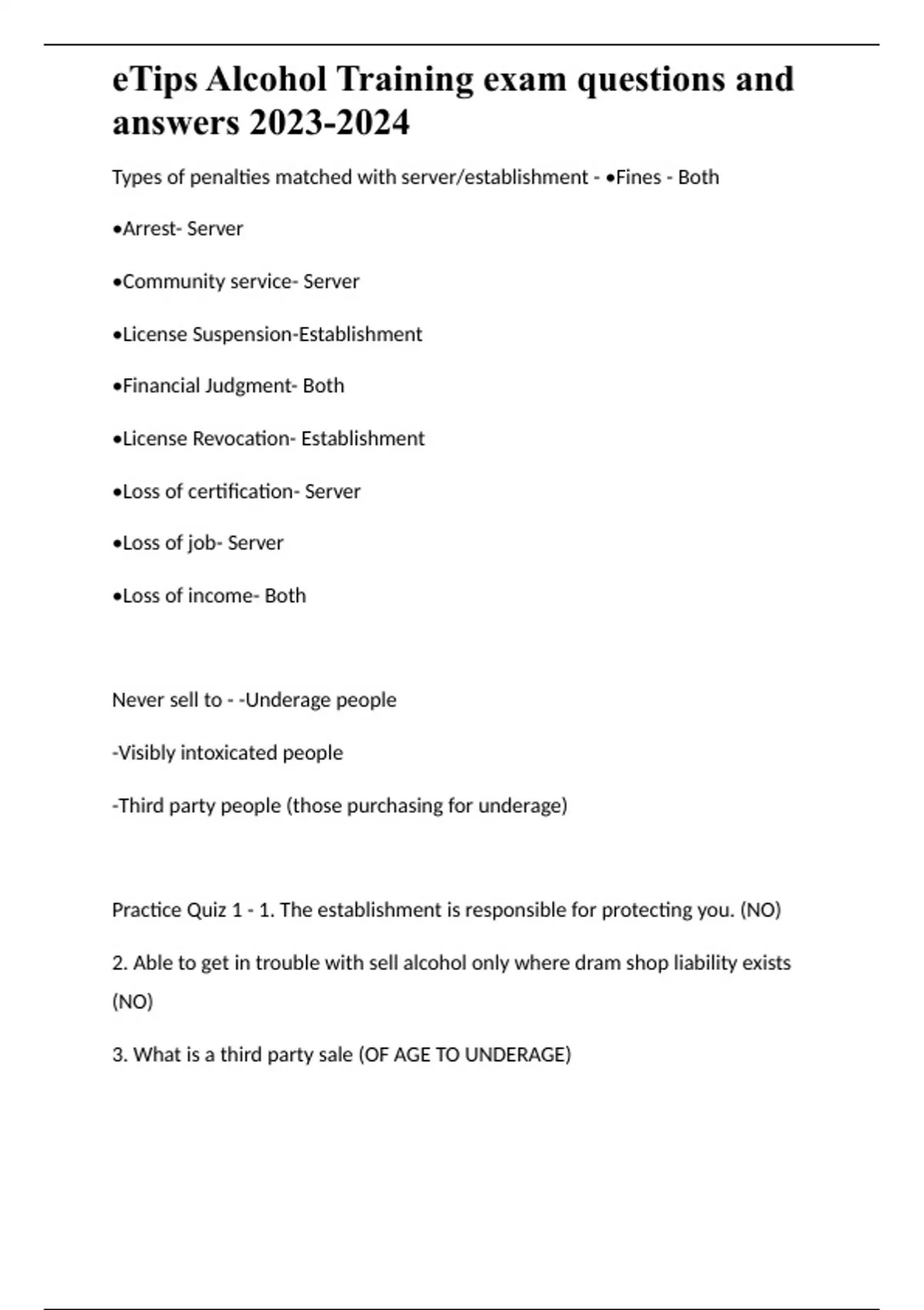 eTips Alcohol Training exam questions and answers - ETips Alcohol ...