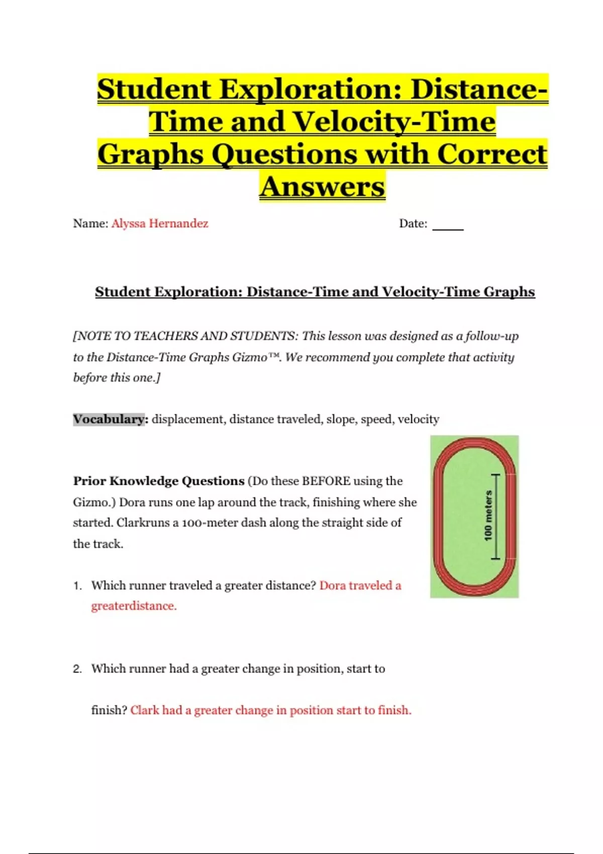 Student Exploration: Distance Time and Velocity-Time Graphs Questions ...