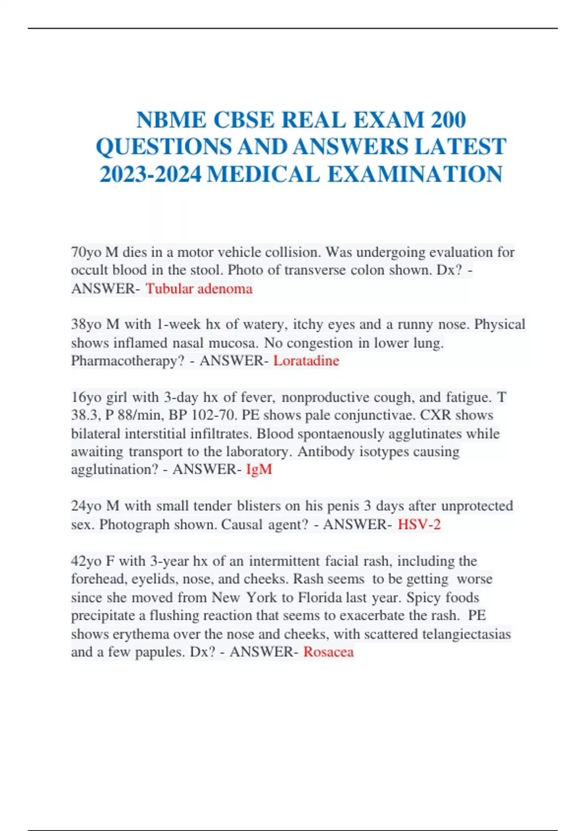 NBME CBSE REAL EXAM 200 QUESTIONS AND ANSWERS LATEST MEDICAL ...
