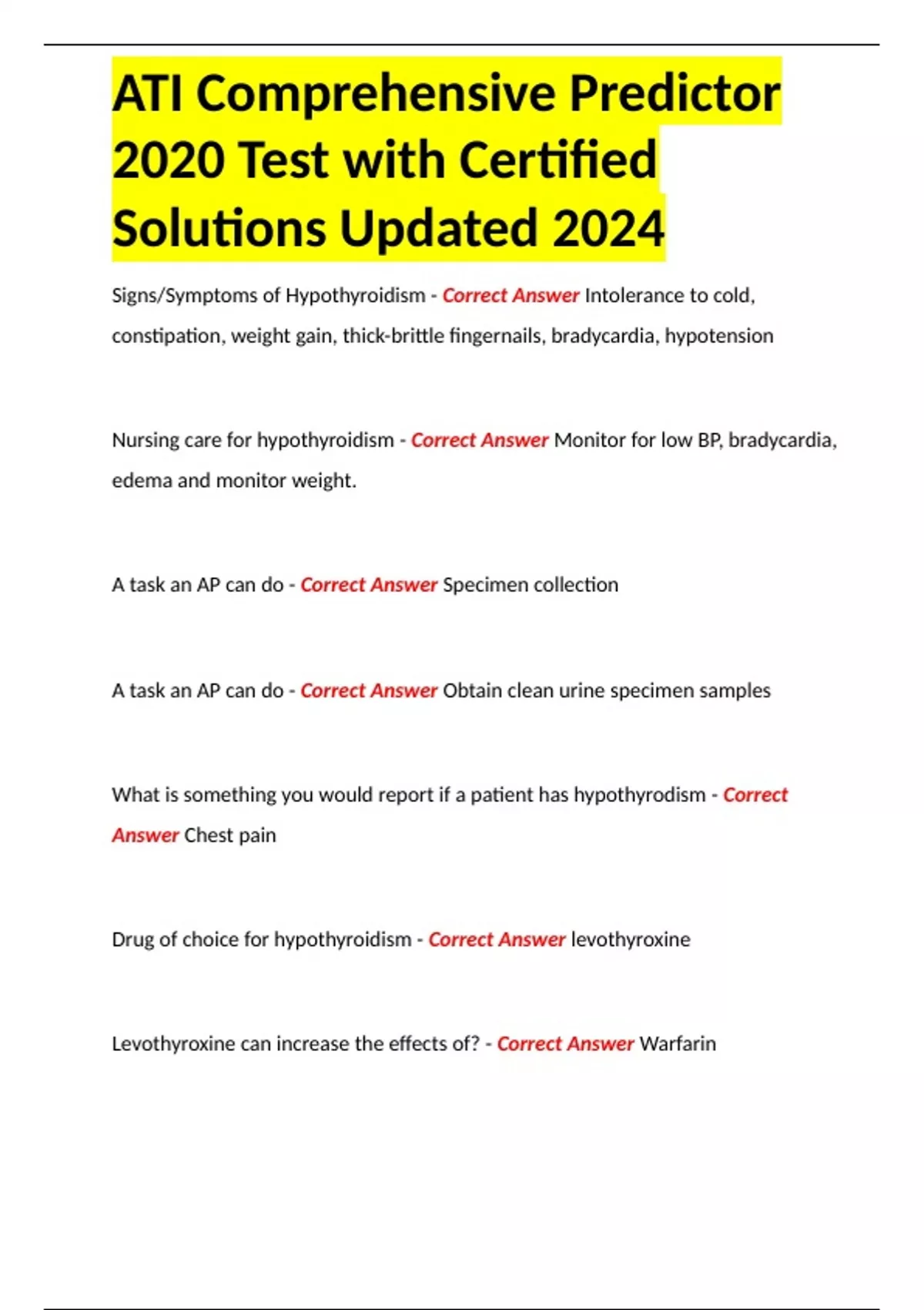 ATI Comprehensive Predictor 2020 Test with Certified Solutions Updated ...