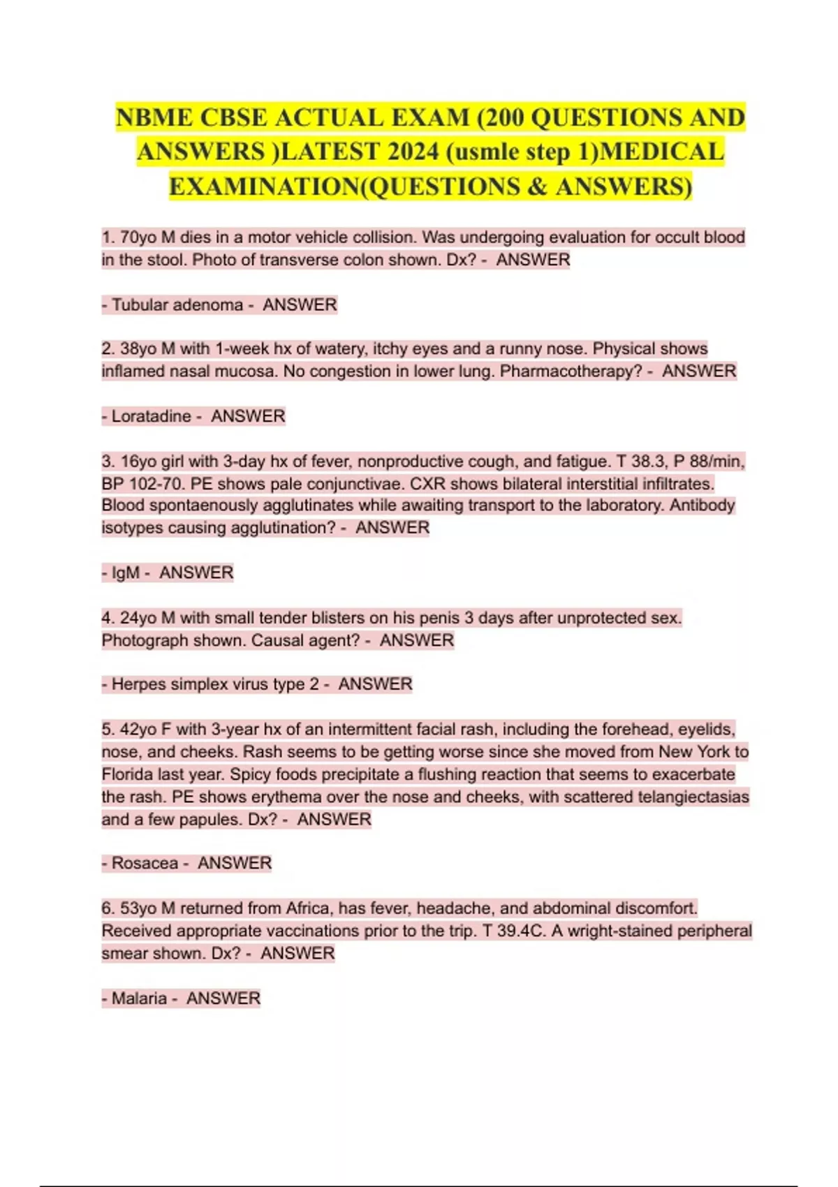 NBME CBSE ACTUAL EXAM (200 QUESTIONS AND ANSWERS )LATEST 2024 (usmle ...