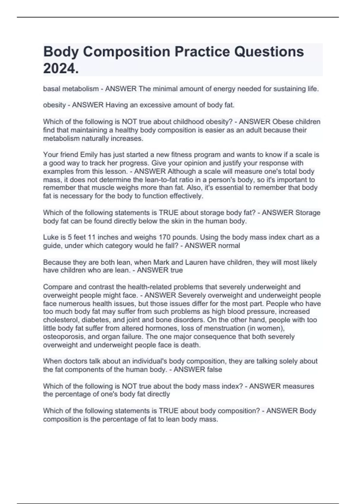 Body Composition Practice Questions 2024. - CCA. - Stuvia US