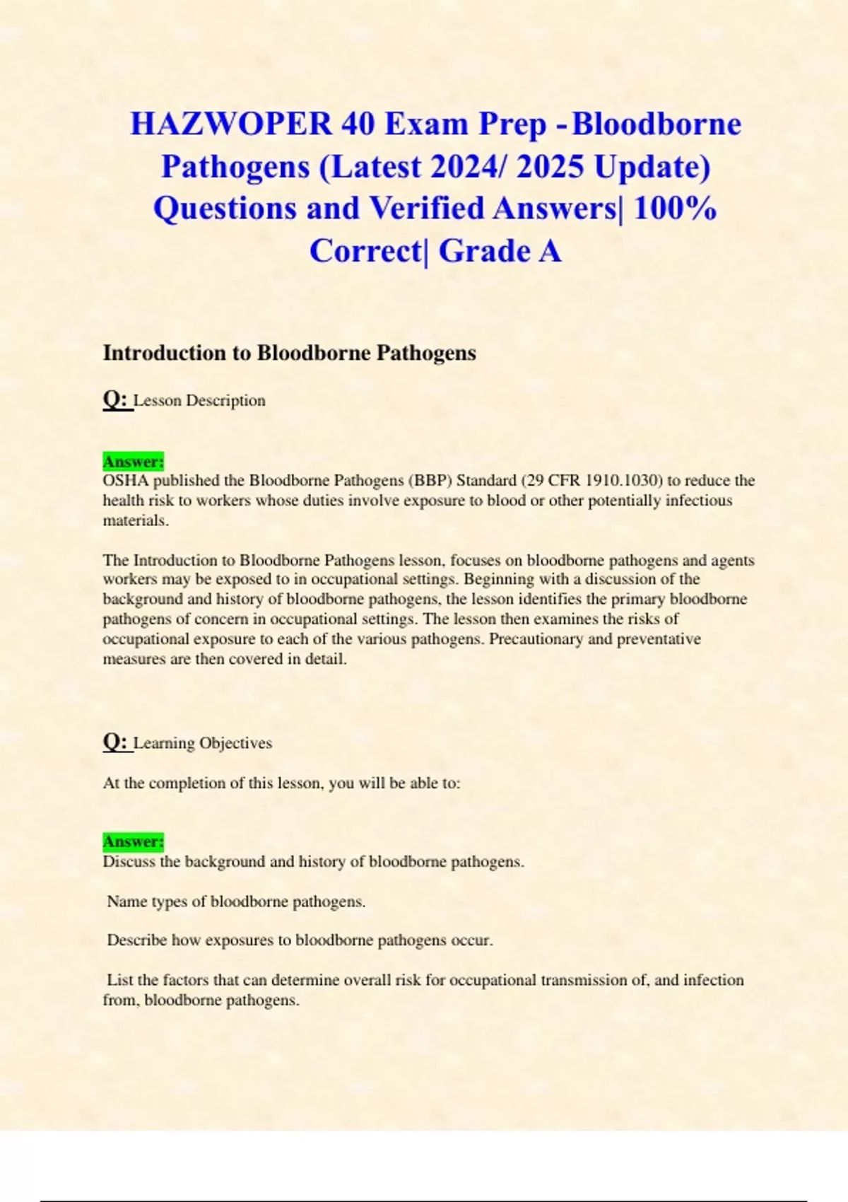 HAZWOPER 40 Exam Prep - Bloodborne Pathogens (Latest 2024/ 2025 Update ...