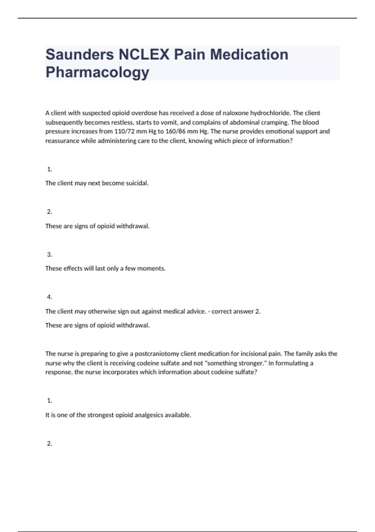 Saunders NCLEX Pain Medication Pharmacology Question and answers ...