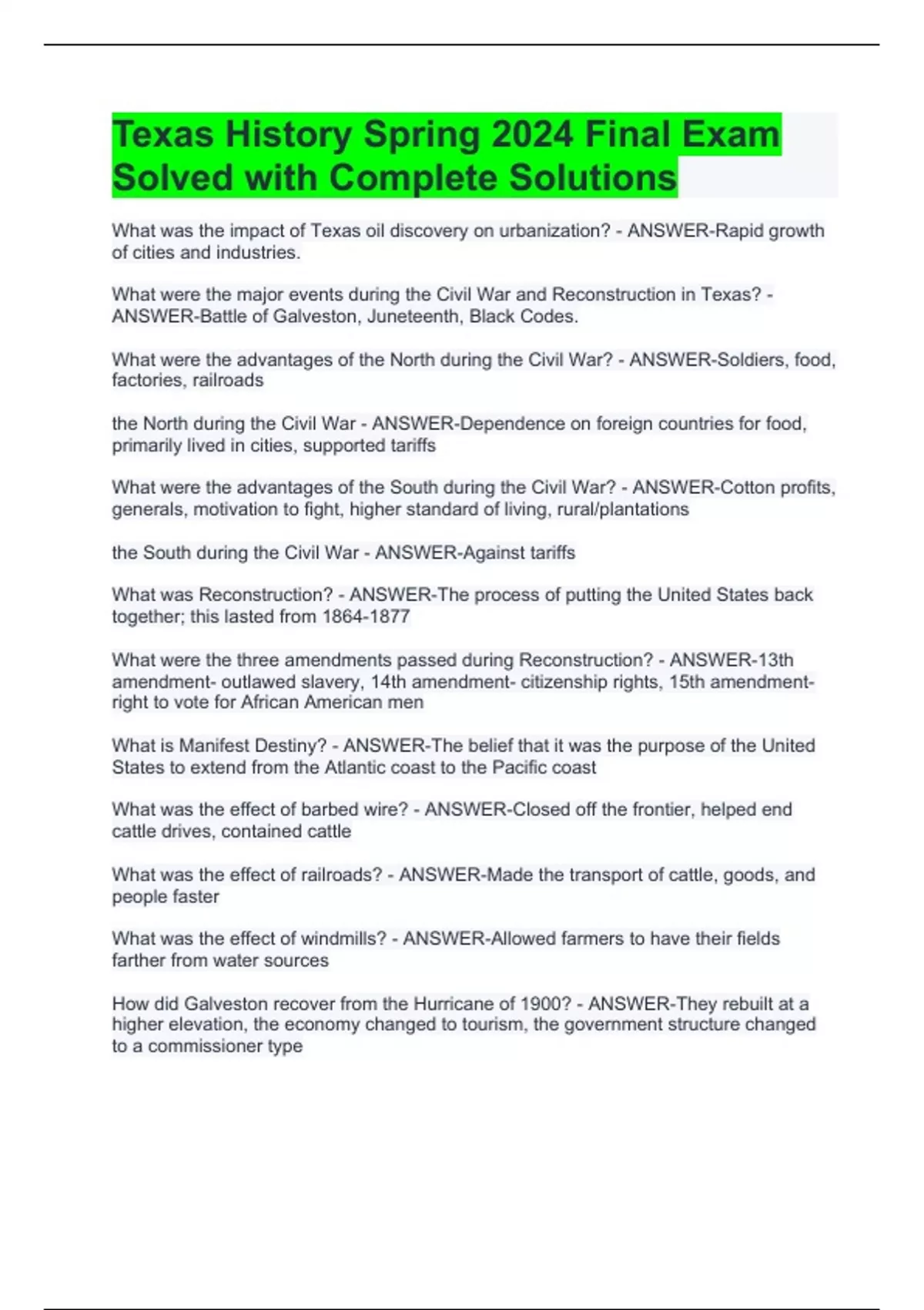 Texas History Spring 2024 Final Exam Solved with Complete Solutions ...