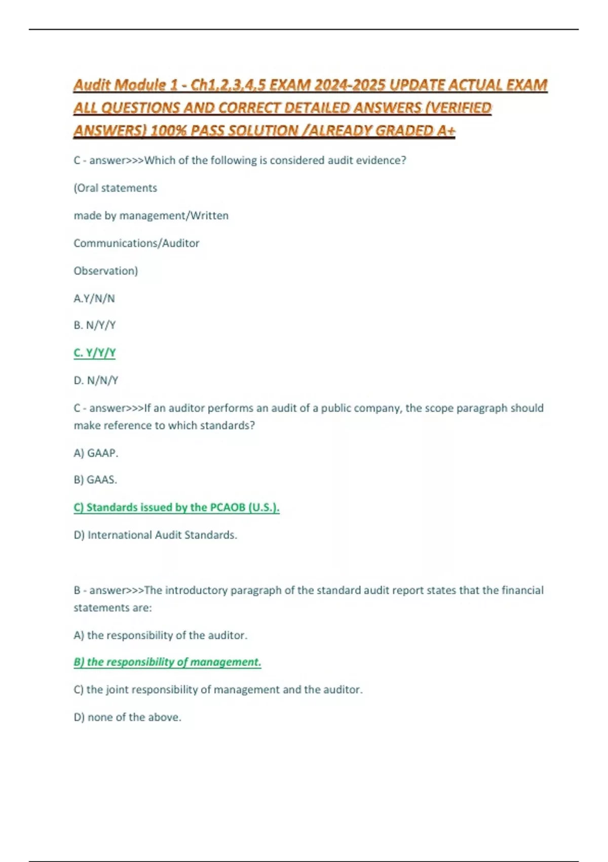 Audit Module 1 - Ch1,2,3,4,5 EXAM UPDATE ACTUAL EXAM ALL QUESTIONS AND ...
