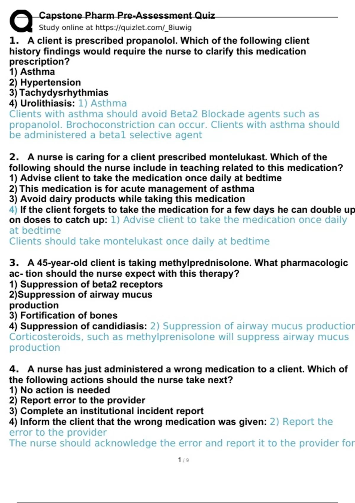 Capstone Pharm Pre-Assessment Quiz UPDATE ACTUAL EXAM ALL QUESTIONS AND ...