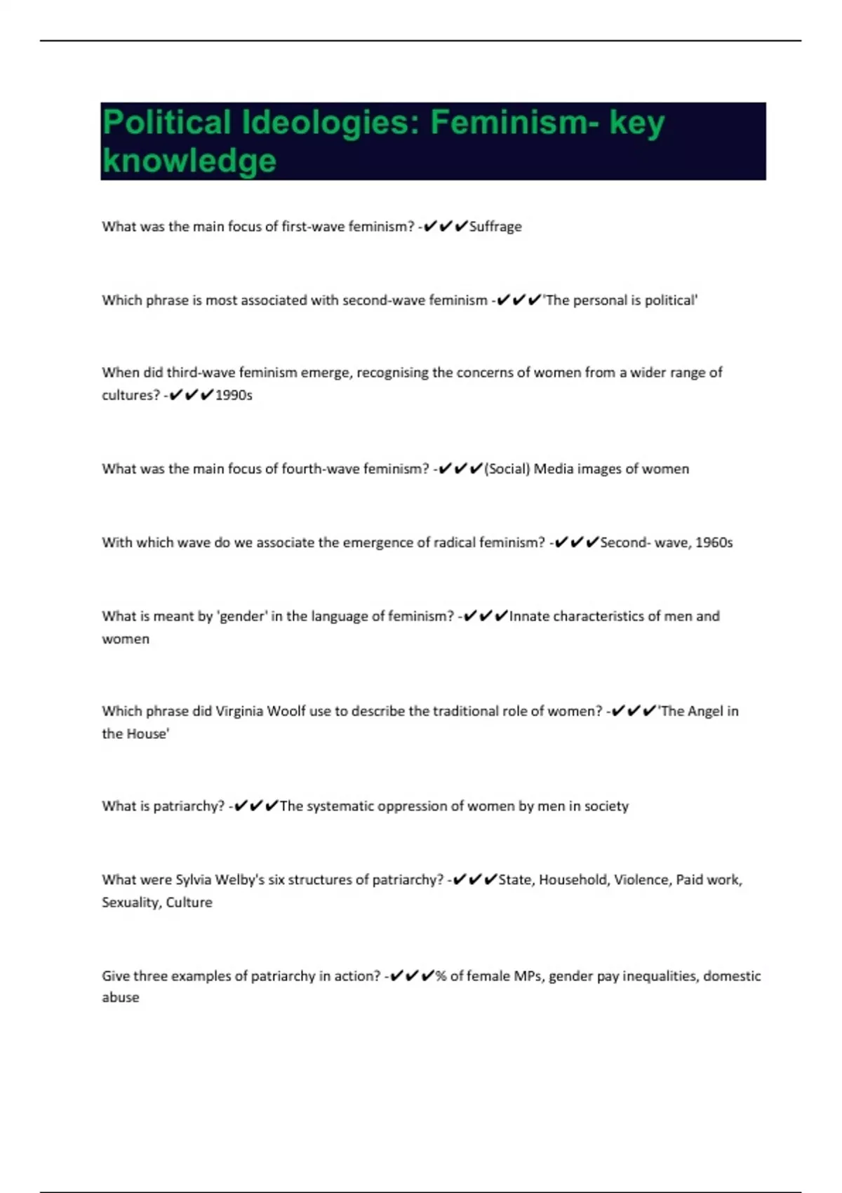 Political Ideologies: Feminism- key knowledge - Feminism - Stuvia US