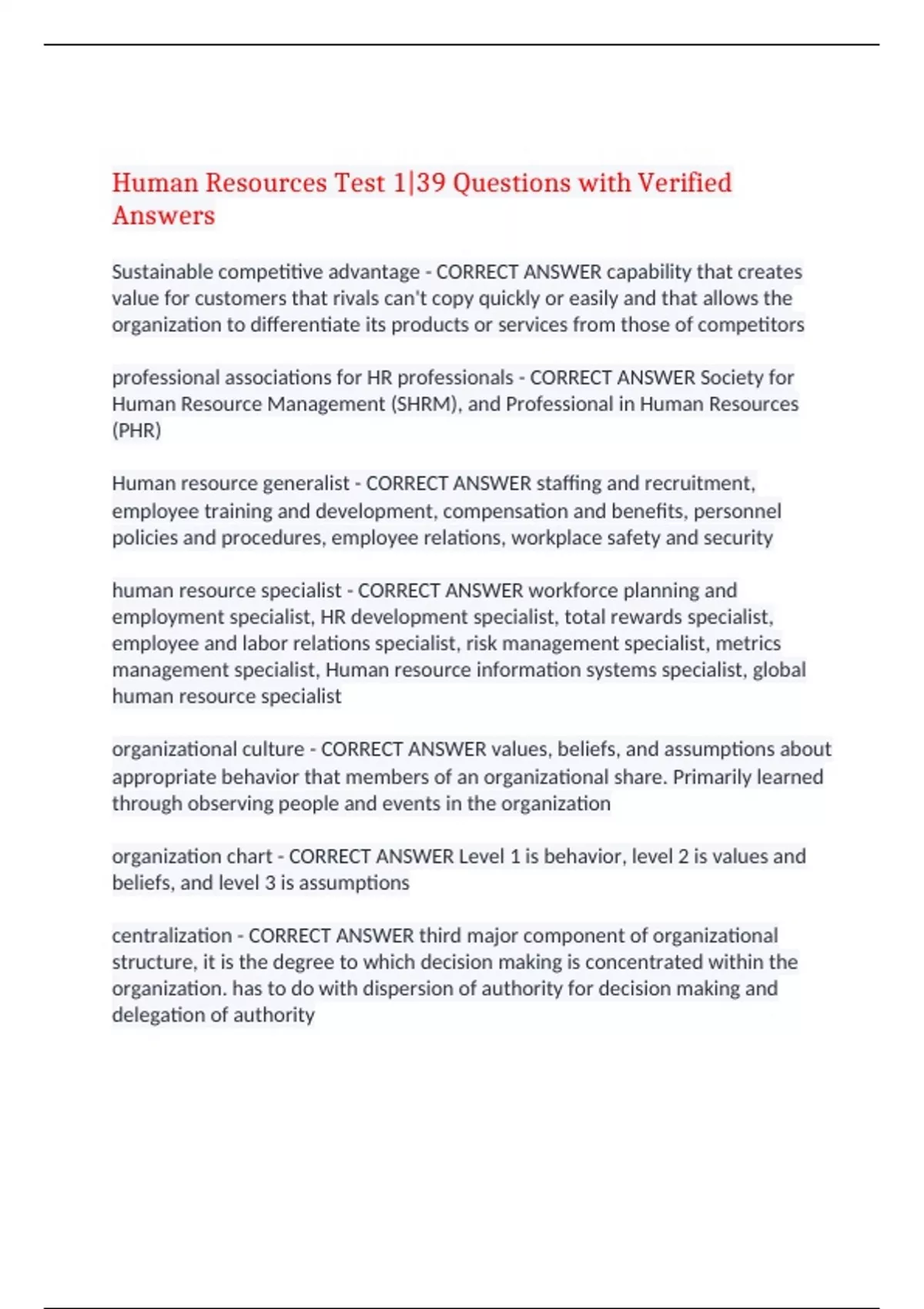 Human Resources Test 1|39 Questions with Verified Answers,100% CORRECT ...