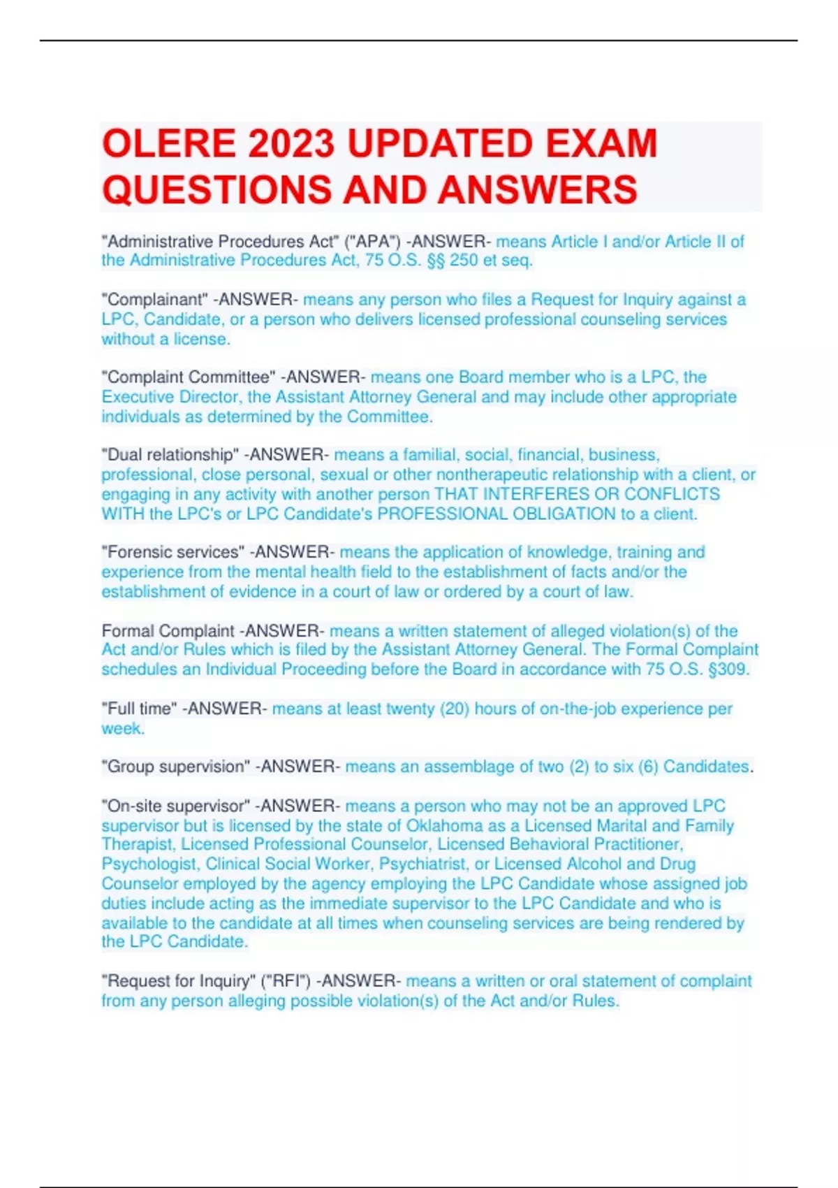 OLERE 2023 UPDATED EXAM QUESTIONS AND ANSWERS - OLERE - Stuvia US