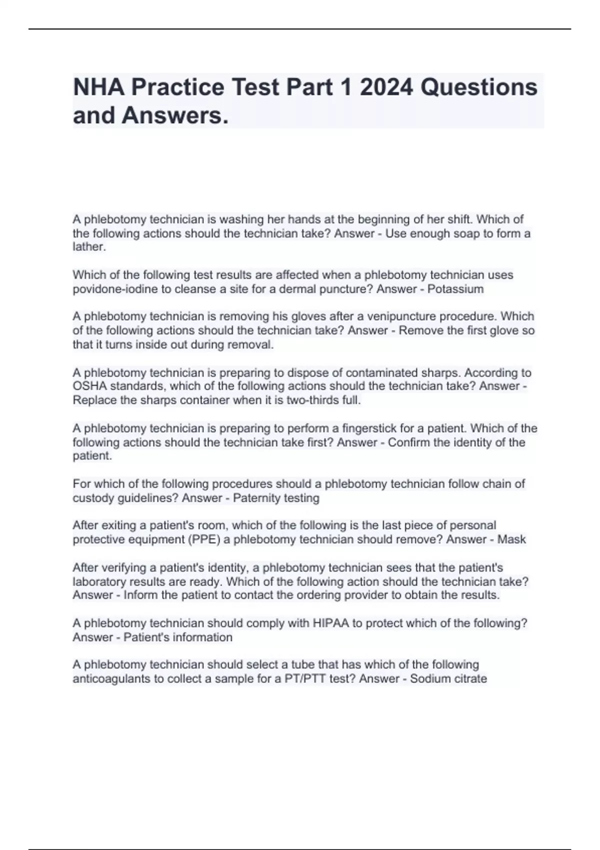 NHA Practice Test Part 1 2024 Questions and Answers - Nha phlebotomy ...