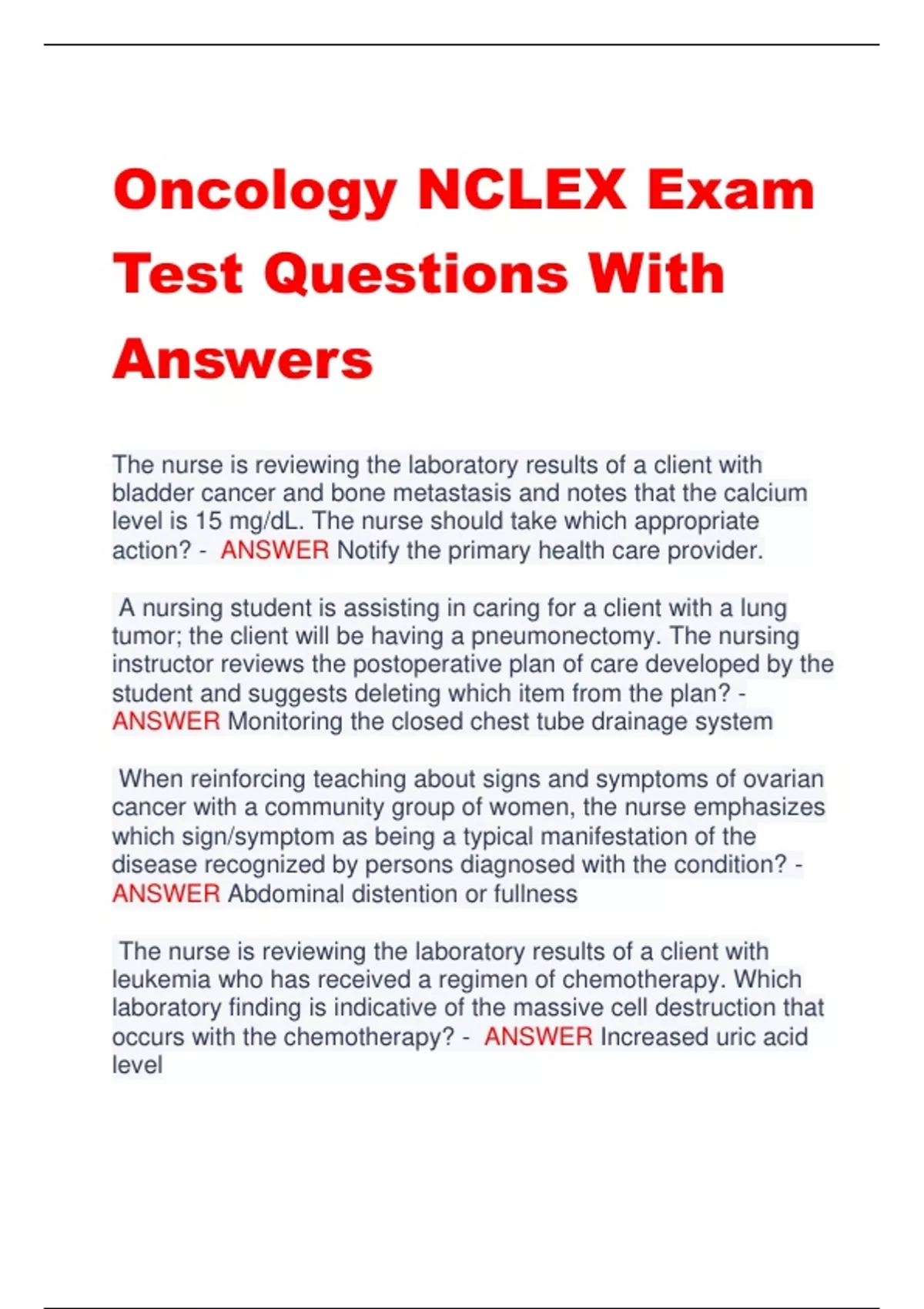 Oncology NCLEX Exam Test Questions With Answers - Oncology - Stuvia US