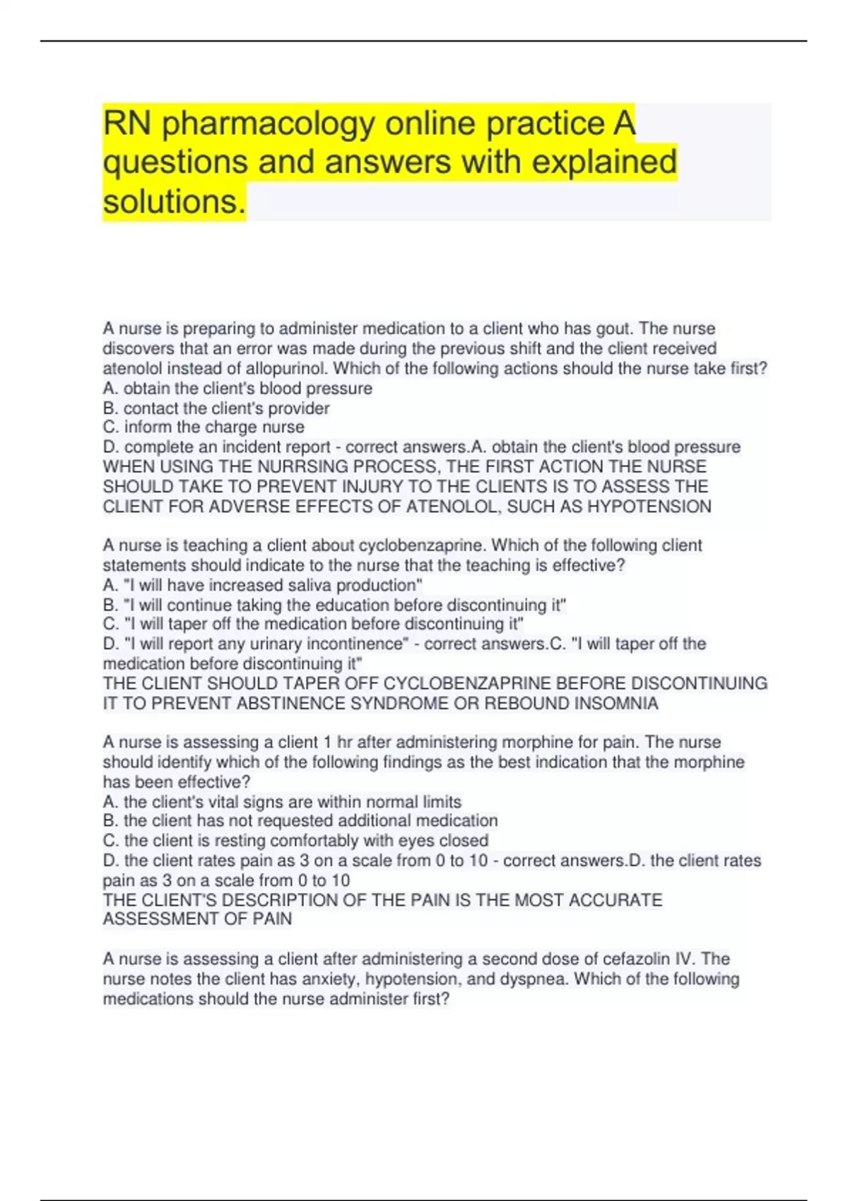RN pharmacology online practice A questions and answers with explained ...