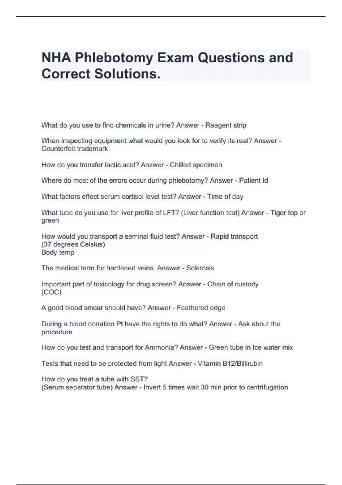 NHA Phlebotomy Exam Questions with Complete Answers - Nha phlebotomy - Stuvia US