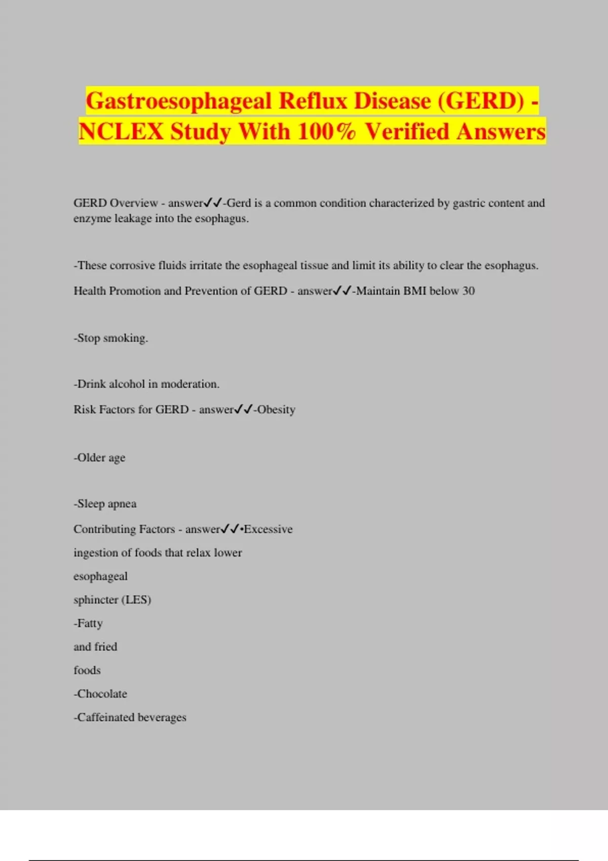 Gastroesophageal Reflux Disease (GERD) - NCLEX Study With 100% Verified Answers - GERD - Stuvia US