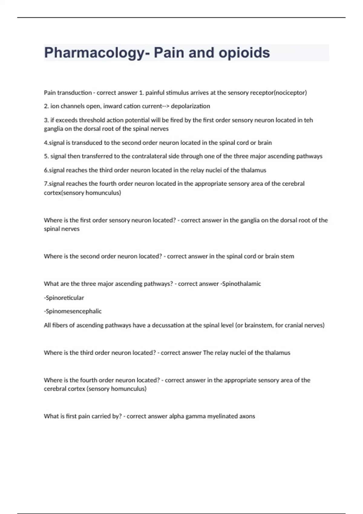 Pharmacology- Pain and opioids Question and answers correctly solved ...