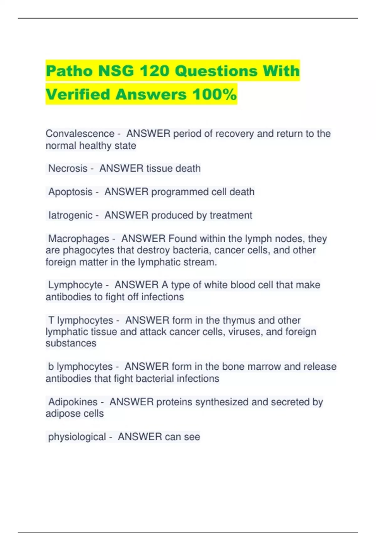 Patho NSG 120 Questions With Verified Answers 100% - NSG 120 - Stuvia US
