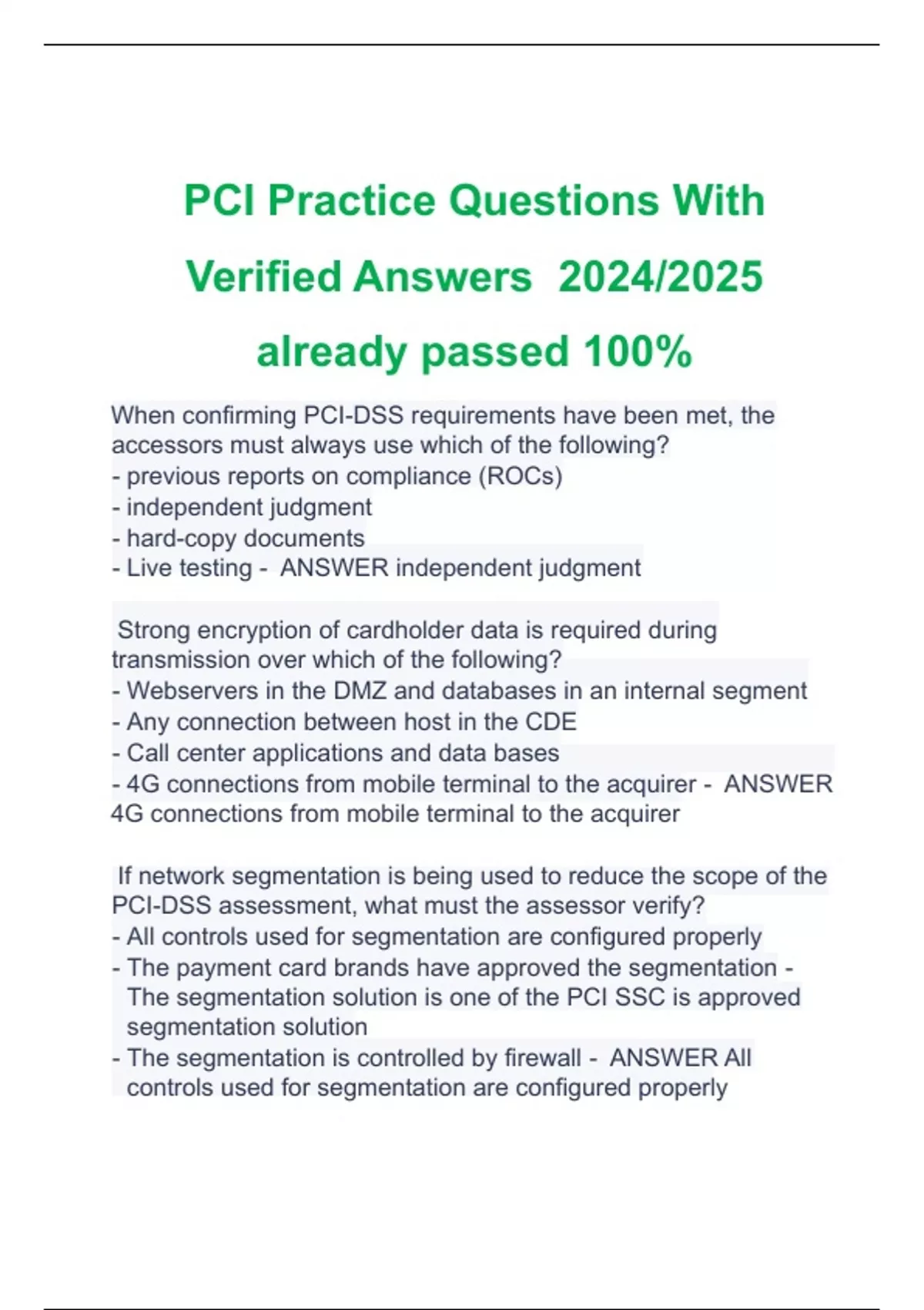 PCI Practice Questions With Verified Answers 2024/2025 already passed ...