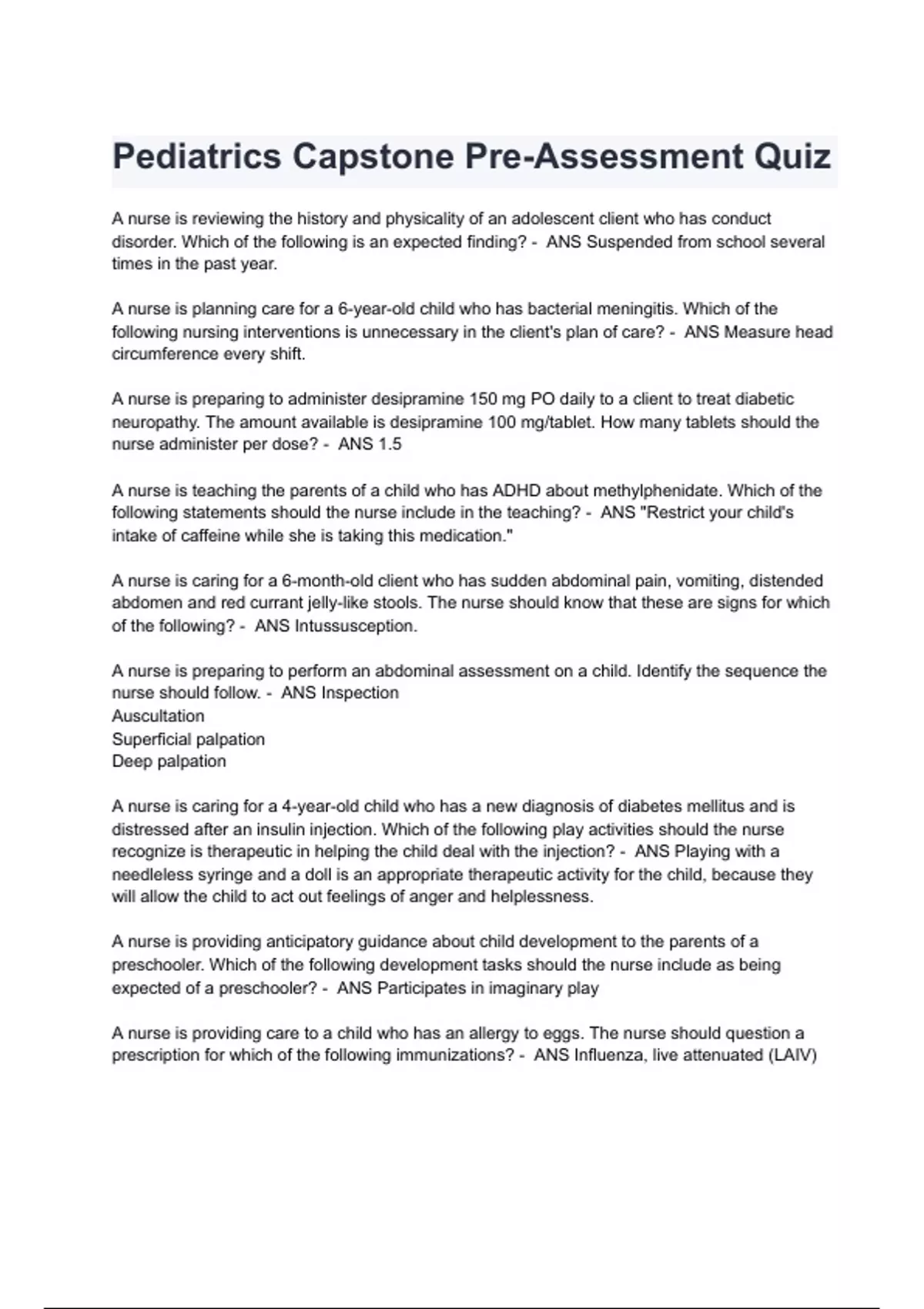 Pediatrics Capstone Pre-Assessment Quiz Questions with correct Answers ...