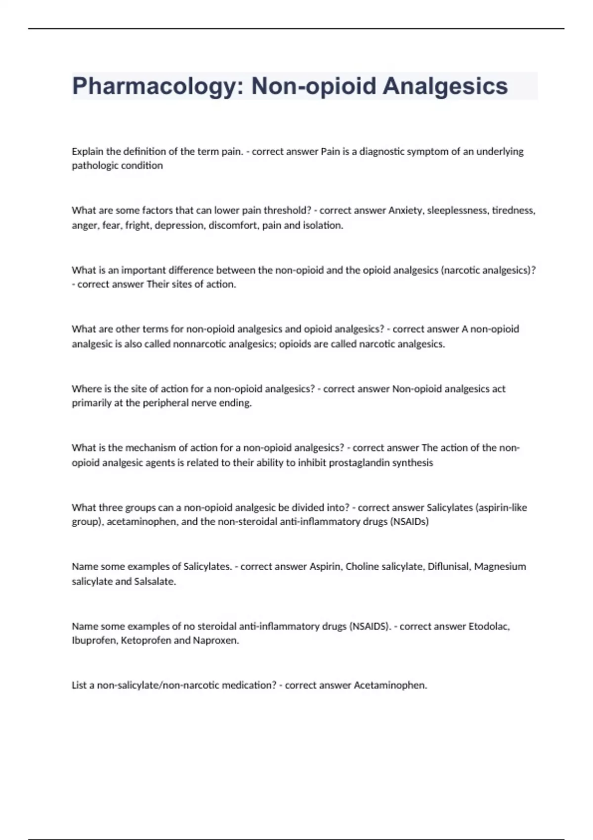 Pharmacology Non-opioid Analgesics Question and answers already passed ...