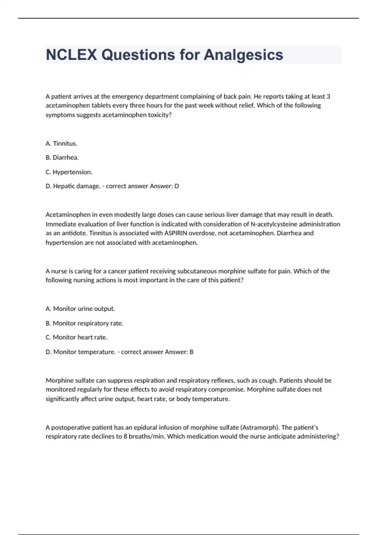 NCLEX Questions for Analgesics Question and answers already passed 2023 ...
