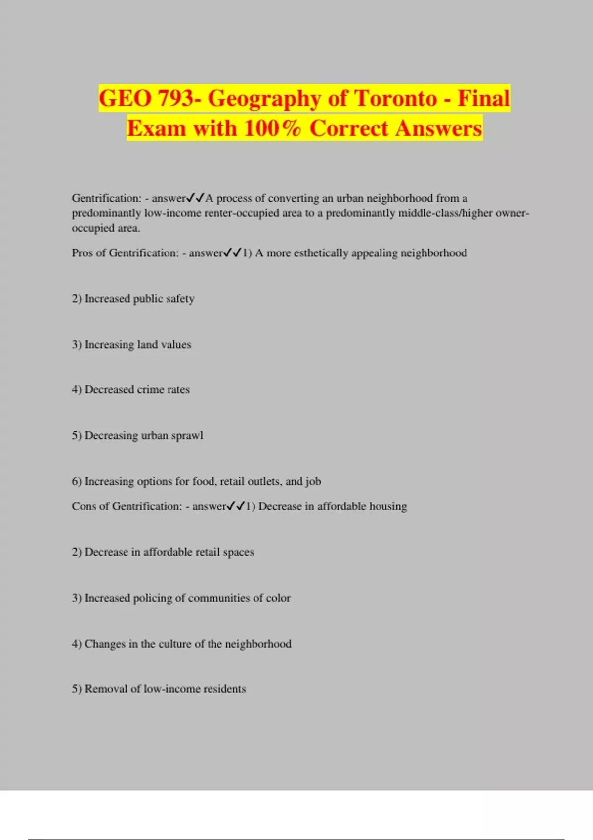 GEO 793- Geography of Toronto - Final Exam with 100% Correct Answers - Toronto - Stuvia US