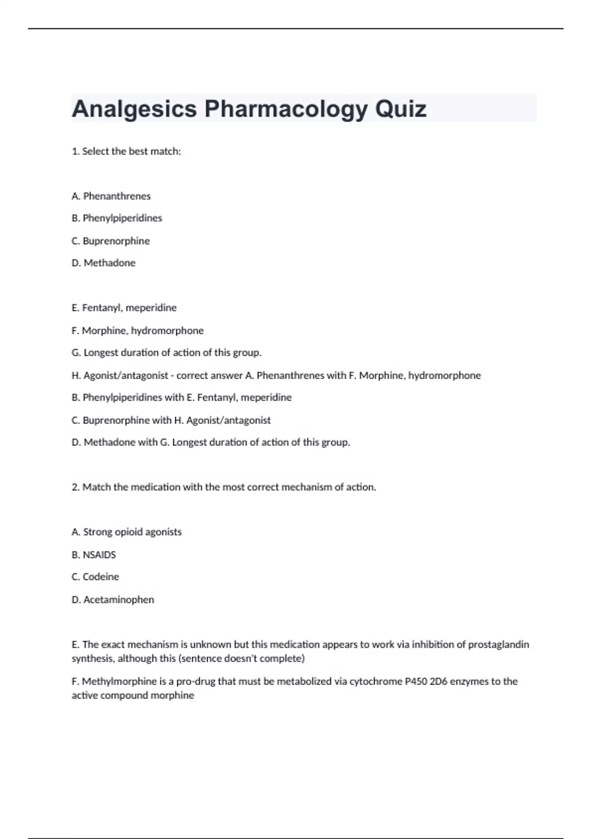 Analgesics Pharmacology Quiz Question and answers 100% correct 2023/ ...