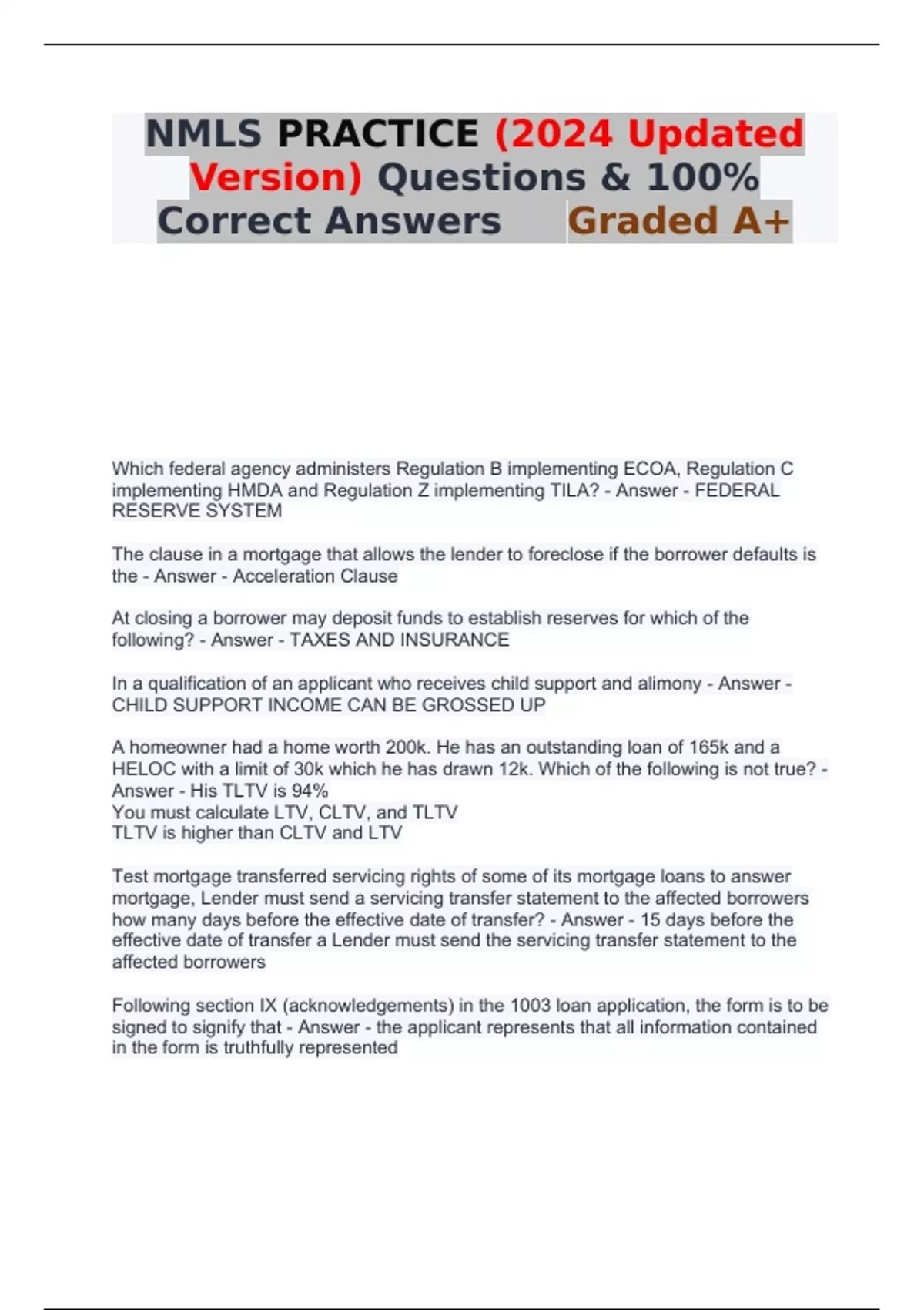NMLS PRACTICE (2024 Updated Version) Questions & 100% Correct Answers Graded A+ - NMLS - Stuvia US