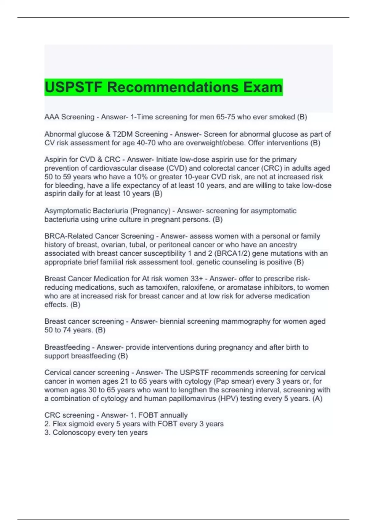 USPSTF Recommendations Exam 2024 with complete solutions - USPSTF ...