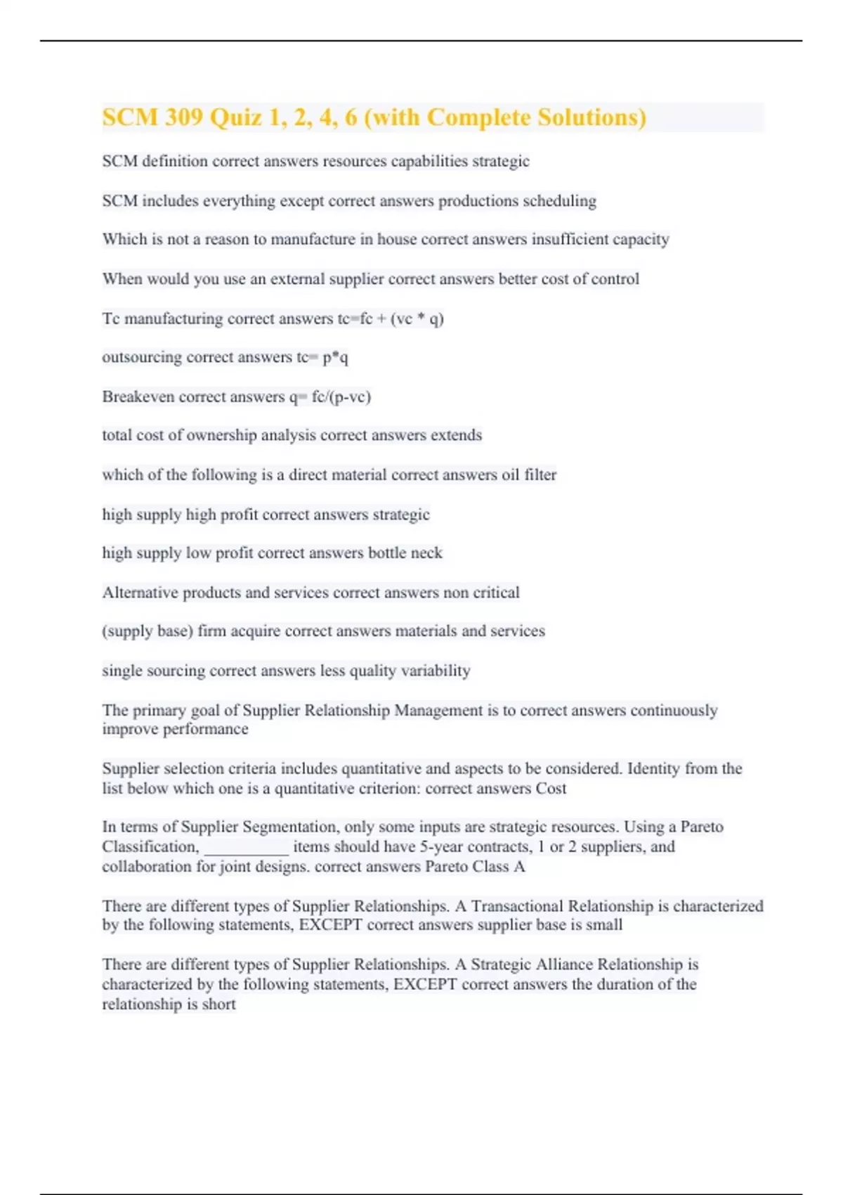 SCM 309 Quiz 1, 2, 4, 6 (with Complete Solutions) - SCM 309 - Stuvia US