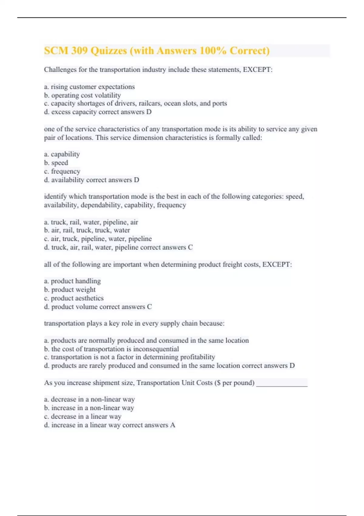 SCM 309 Quizzes (with Answers 100% Correct) - SCM 309 - Stuvia US