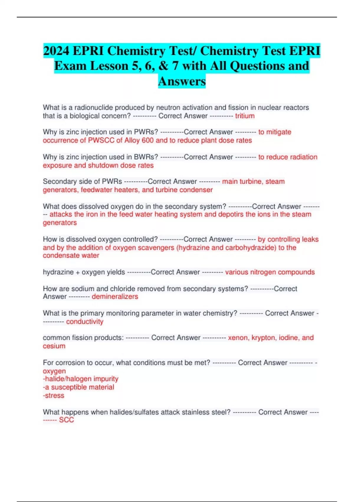2024 EPRI Chemistry Test/ Chemistry Test EPRI Exam Lesson 5, 6, & 7 ...