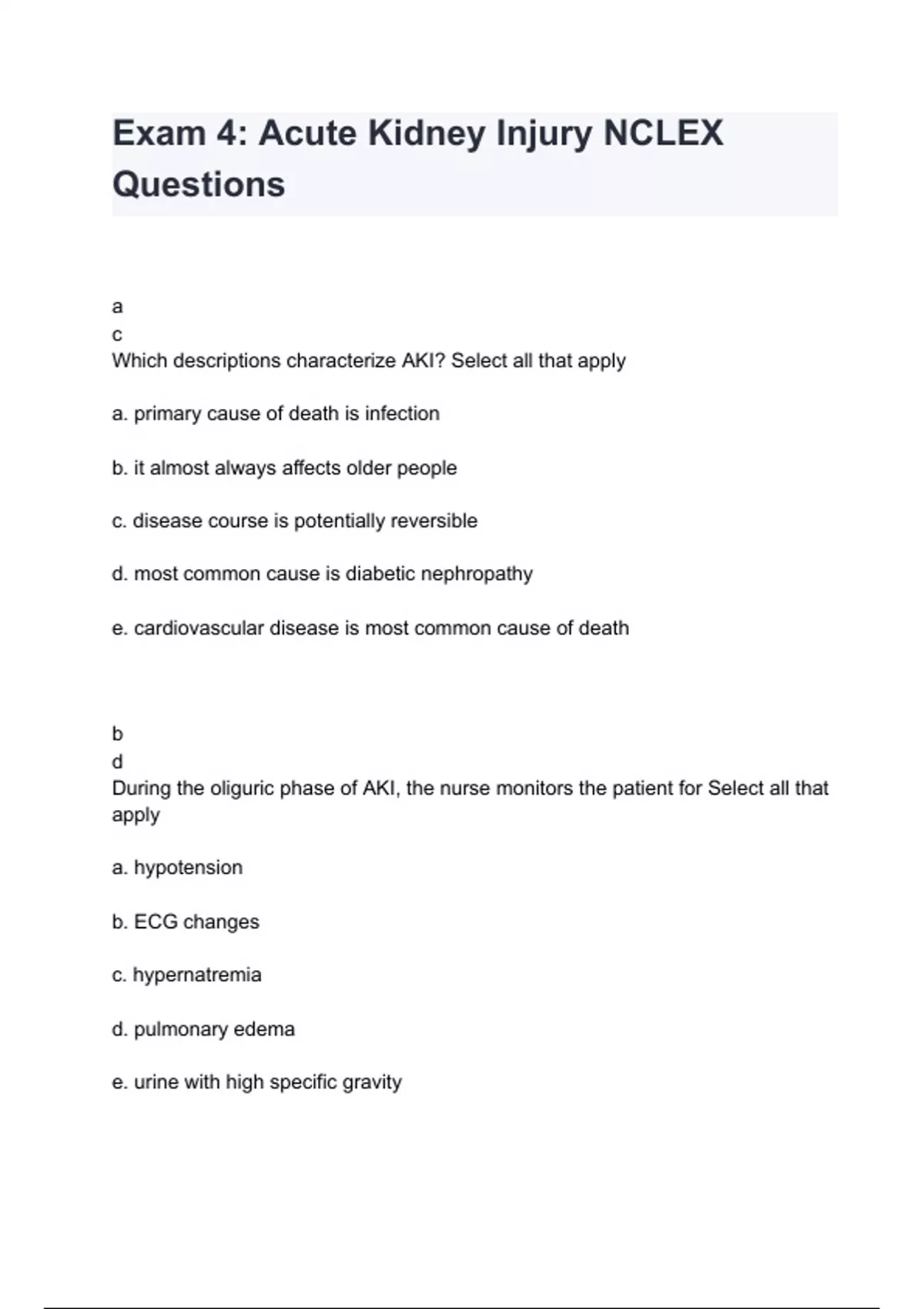 Exam 4: Acute Kidney Injury NCLEX Questions and answers - Exm 4: Acute ...
