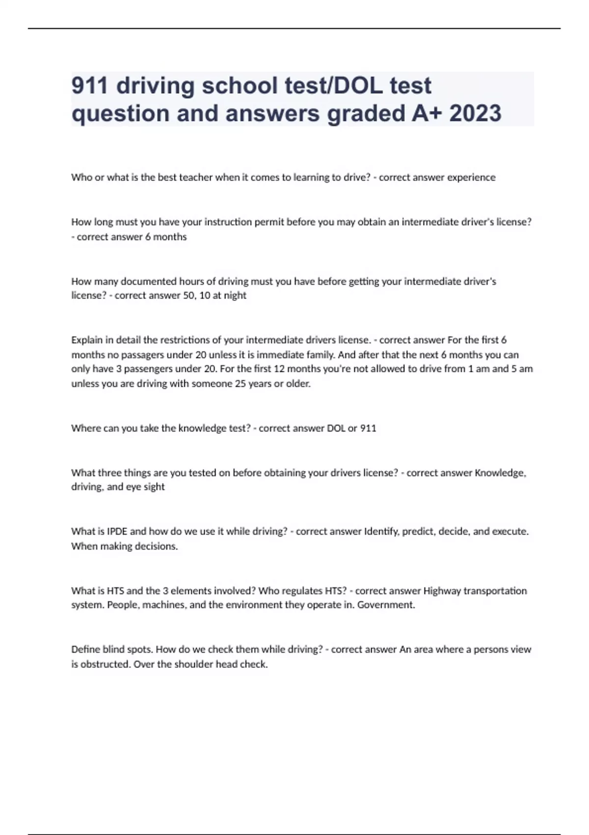 911 driving school test DOL test question and answers graded A+ 2023/ ...