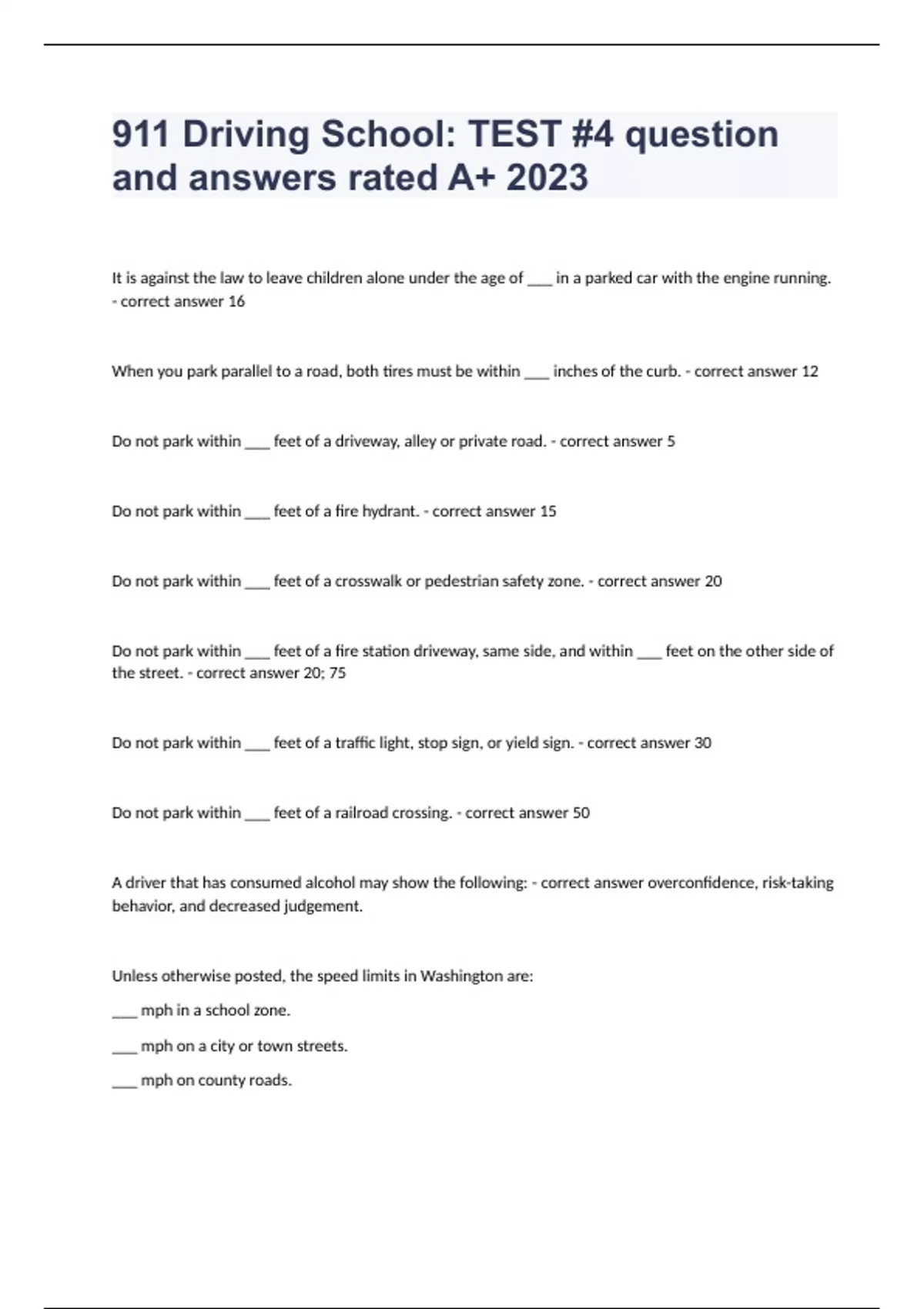 911 Driving School TEST #4 question and answers rated A+ 2023/2024 ...
