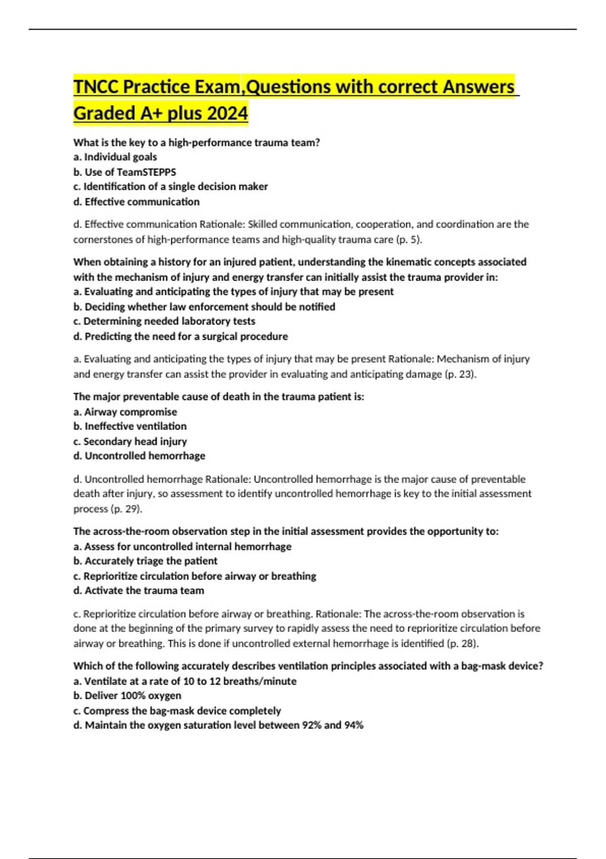 TNCC Practice Exam,Questions with correct Answers Graded A+ plus 2024 ...