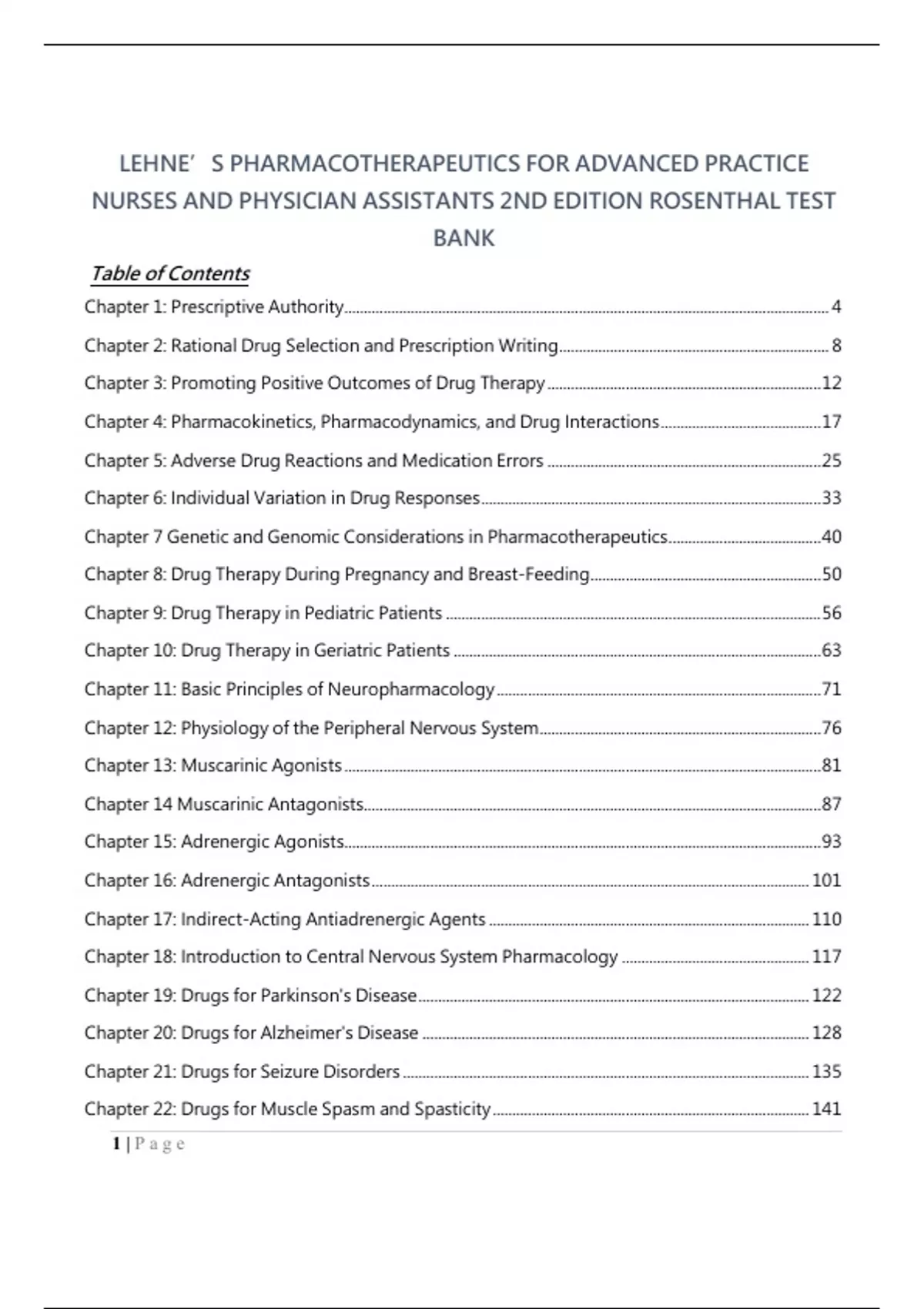 TEST BANK ROSENTHAL LEHNE'S PHARMACOTHERAPEUTICS FOR ADVANCED PRACTICE ...