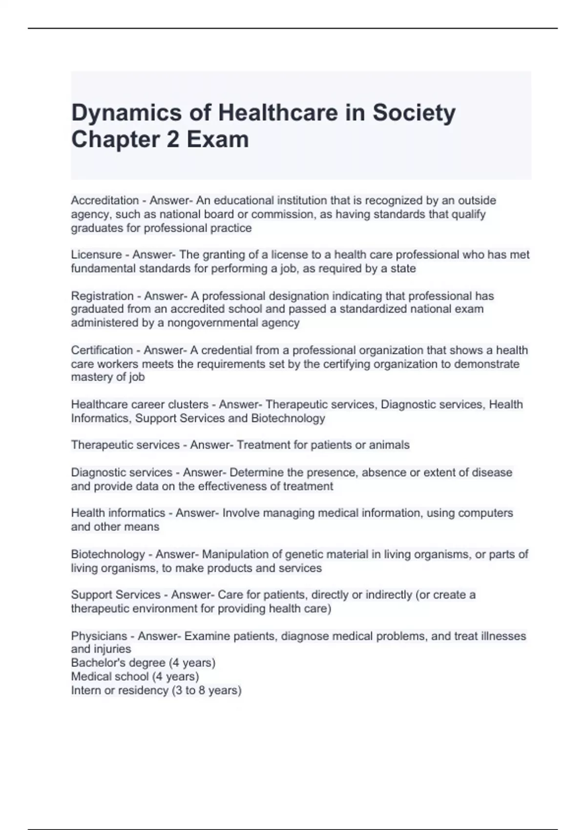 Dynamics of Healthcare in Society Chapter 2 Exam Questions and Answers ...
