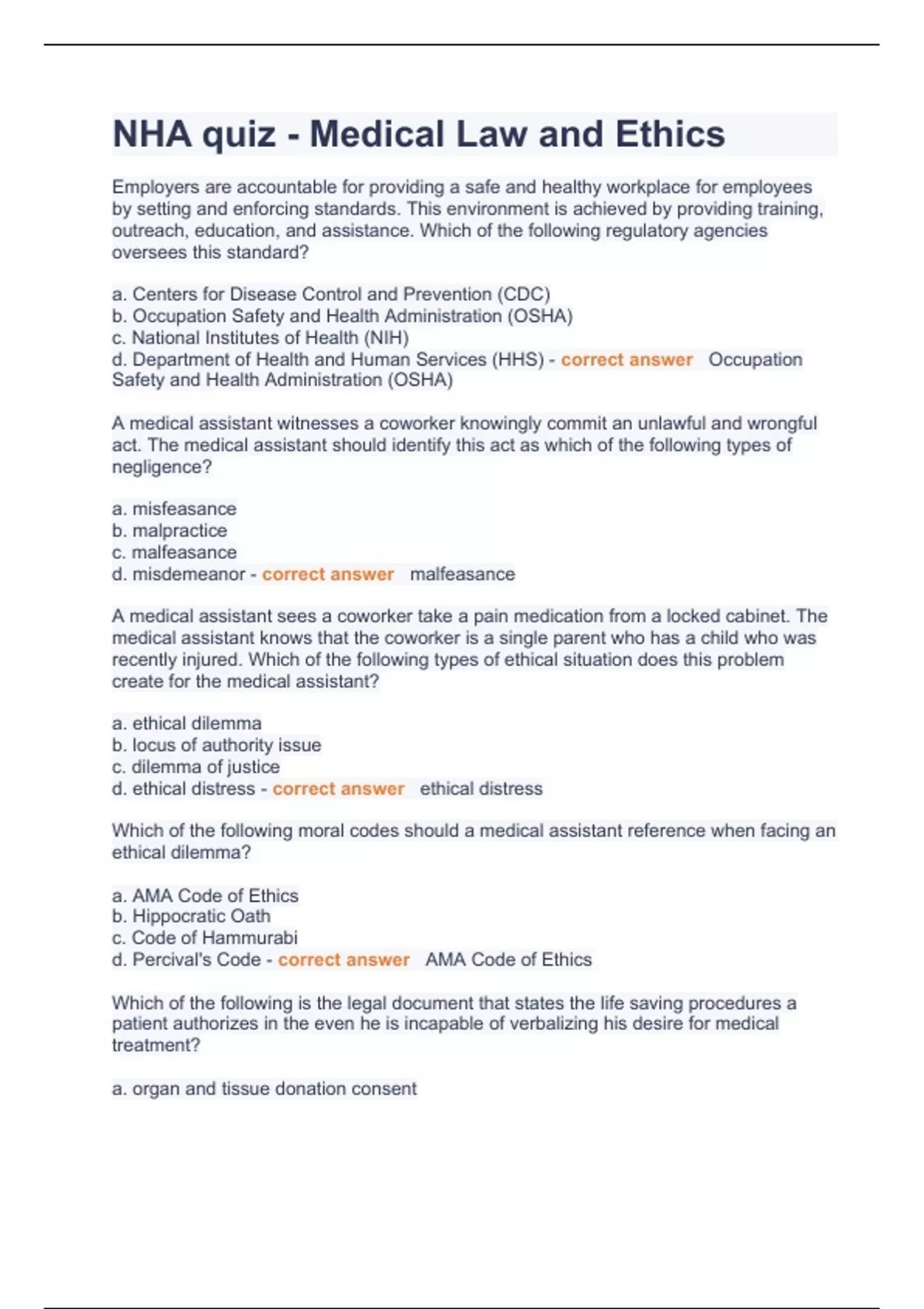 NHA Medical Law and Ethical workplace Questions and Answers 2023/2024 ...