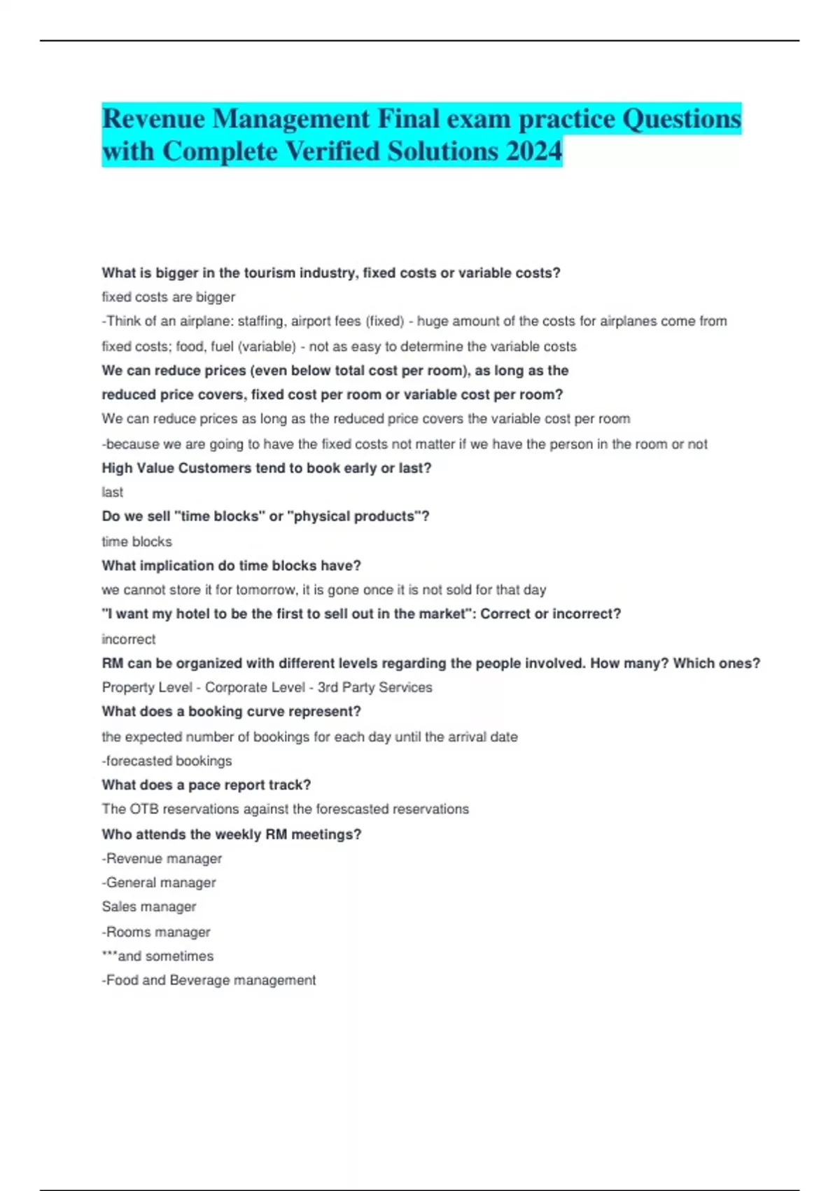 Revenue Management Final exam practice Questions with Complete Verified ...