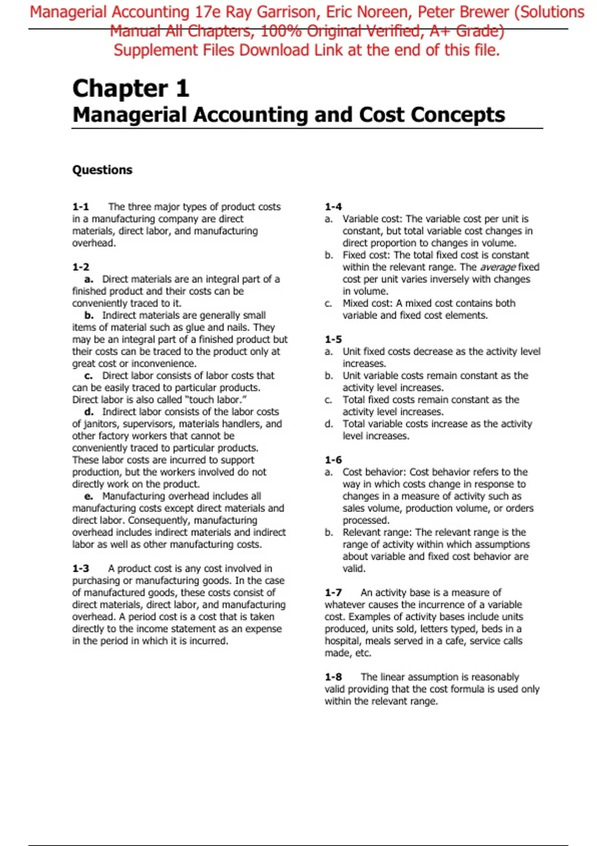 Solutions Manual for Managerial Accounting 17th edition By Ray Garrison, Eric Noreen, Peter ...